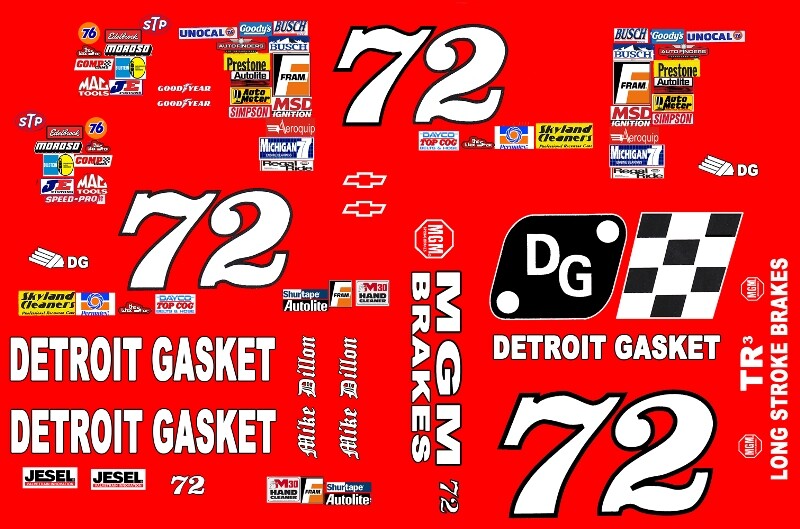#72 Matt Dillion Detroit Gasket 1998 All Red 1/18th Scale Waterslide ...