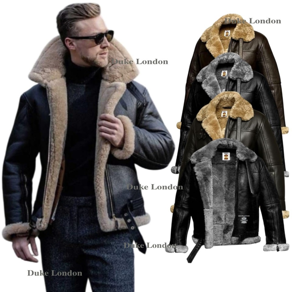 Mens B3 Raf Real Sheep Skin Leather Jacket Aviator Bomber Pilot Coat ...