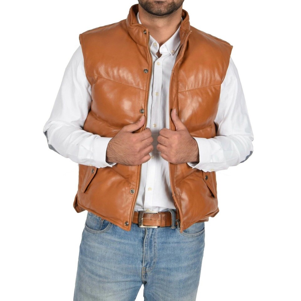 Men's Genuine Lambskin Leather Gilet Vest Coat Quilted Waistcoat Puffer ...