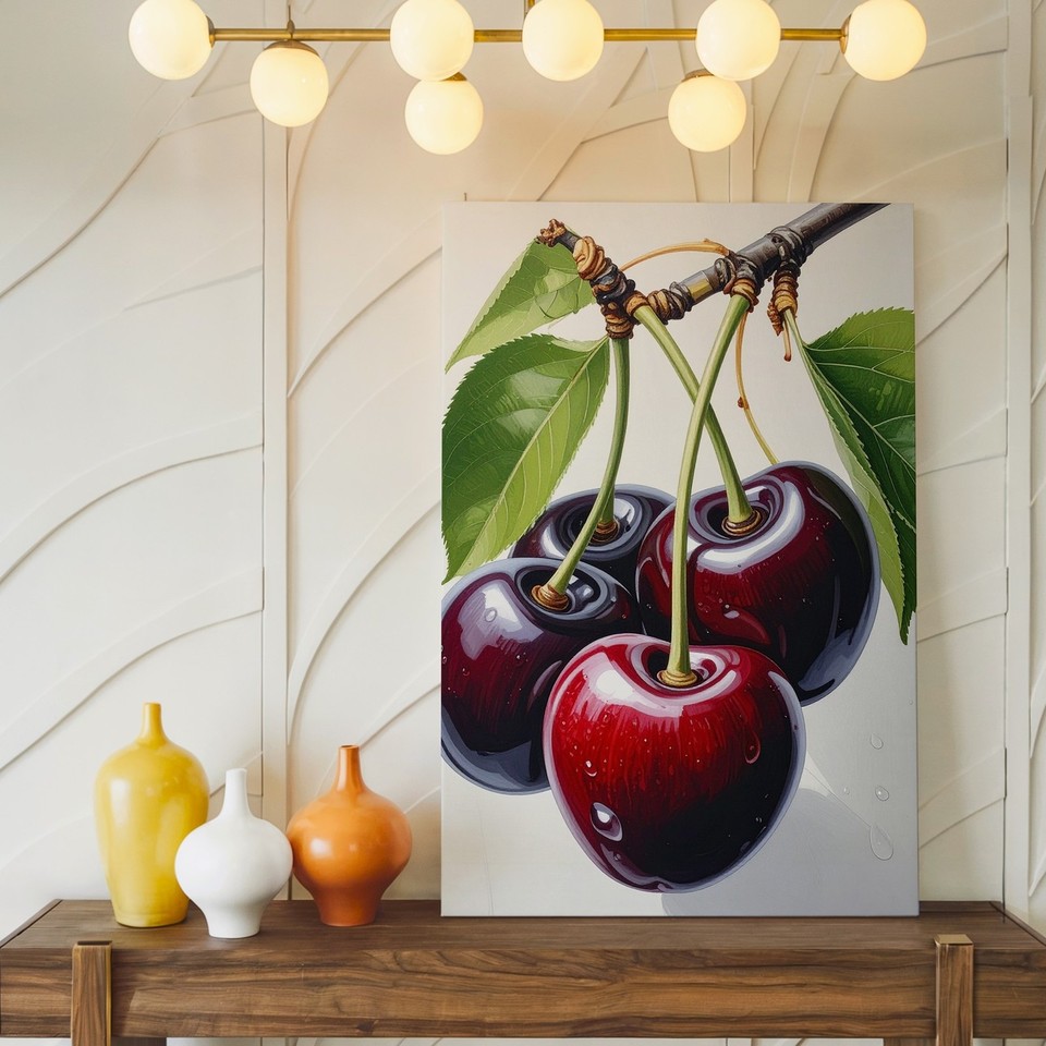 Minimalist Cherry Branch Canvasglossy Red Fruit Digital Illustration ...