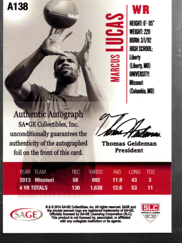 A7029- 2014 SAGE HIT Autographs #A138 Marcus Lucas Auto - NM-MT | eBay