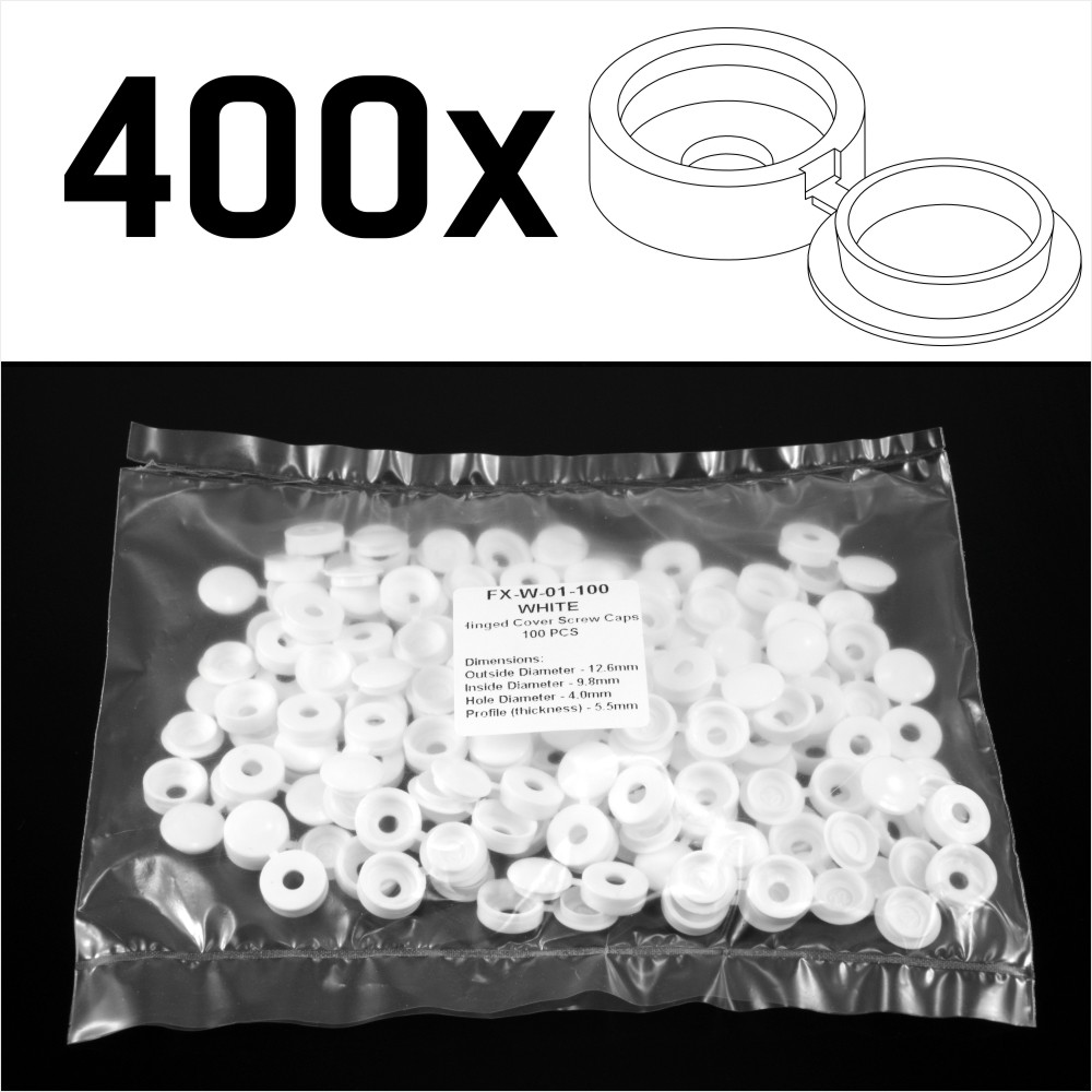 SMALL WHITE PLASTIC SCREW COVER CAPS HINGED FOLD OVER TO FIT SIZE 6g or ...