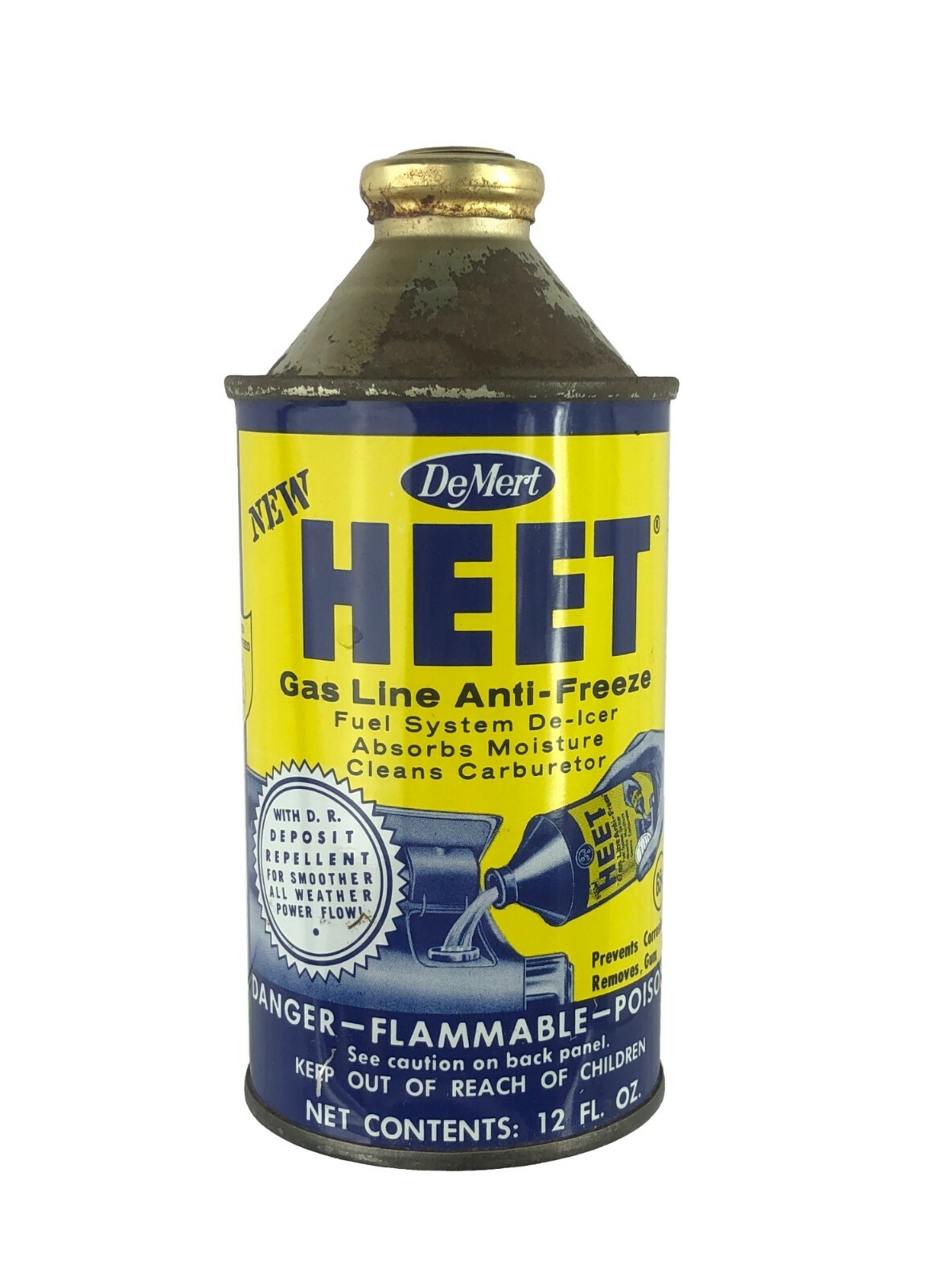 Vintage Cone Top Blue Yellow 1950s Can HEET Gas Line Anti-Freeze Demert ...