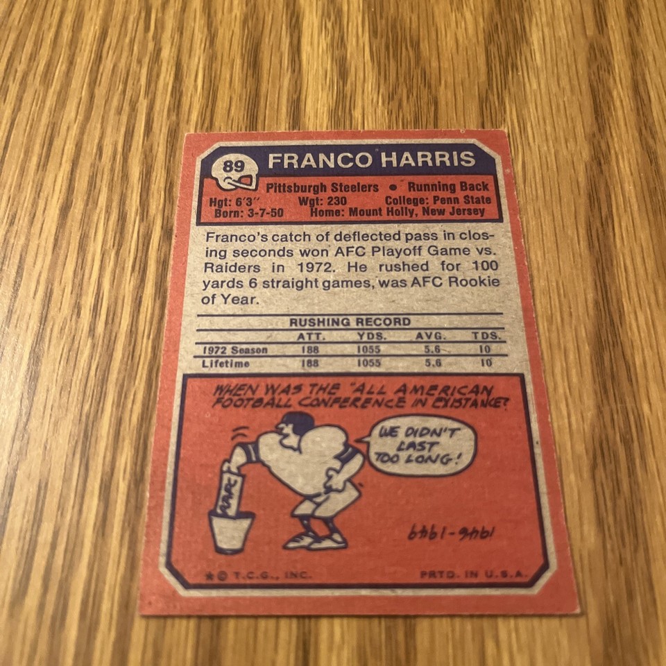 1973 Topps Franco Harris Pittsburgh Steelers Rookie RC 89 VG Free ...