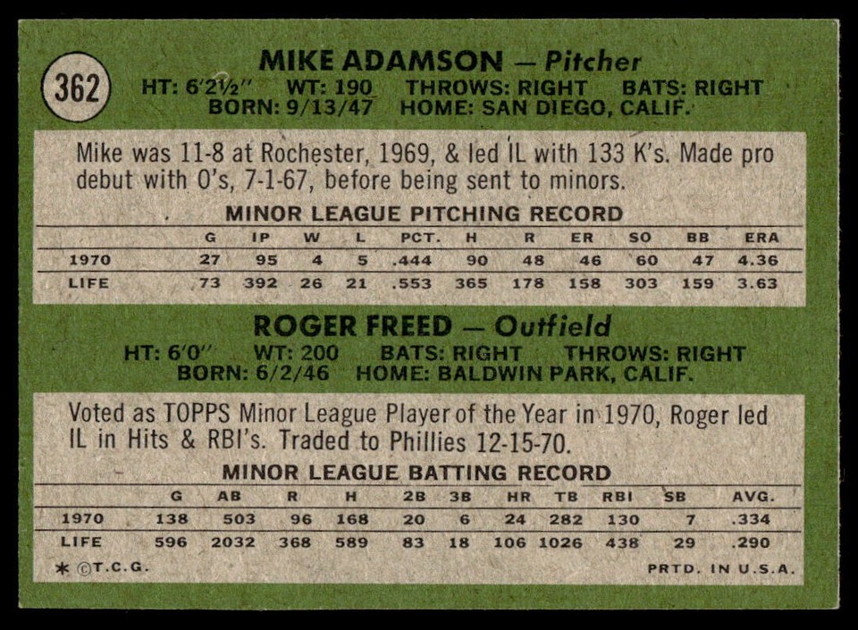 1971 Topps #362 Mike Adamson / Roger Freed BASEBALL Baltimore Orioles ...