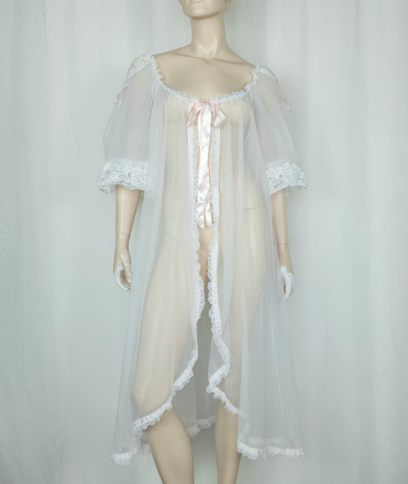 Vtg 80s sheer peignoir robe white nylon OSFM - Gem