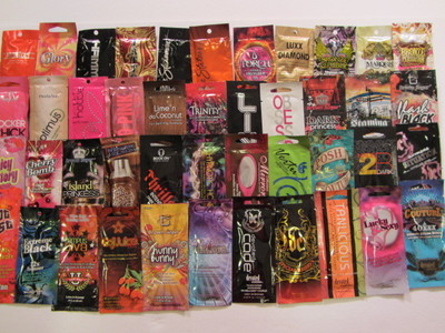 Lot of 250 VARIOUS (MINIMUM 20 DIFFERENT) Tanning Lotion SAMPLE Packets ...