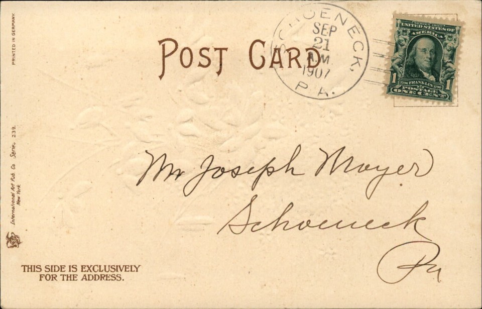 Birthday pretty blue white flowers signed? 1907 DPO UDB to J. Mayer ...