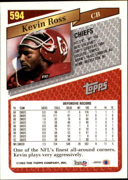 1993 Topps Gold Kansas City Chiefs Football Cards #594 Kevin Ross | eBay
