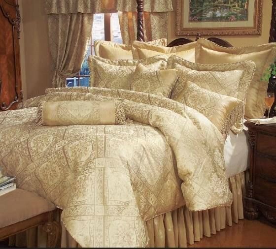 Royal Gold Silky 9 pcs Cal King Queen Jacquard Comforter Set | eBay