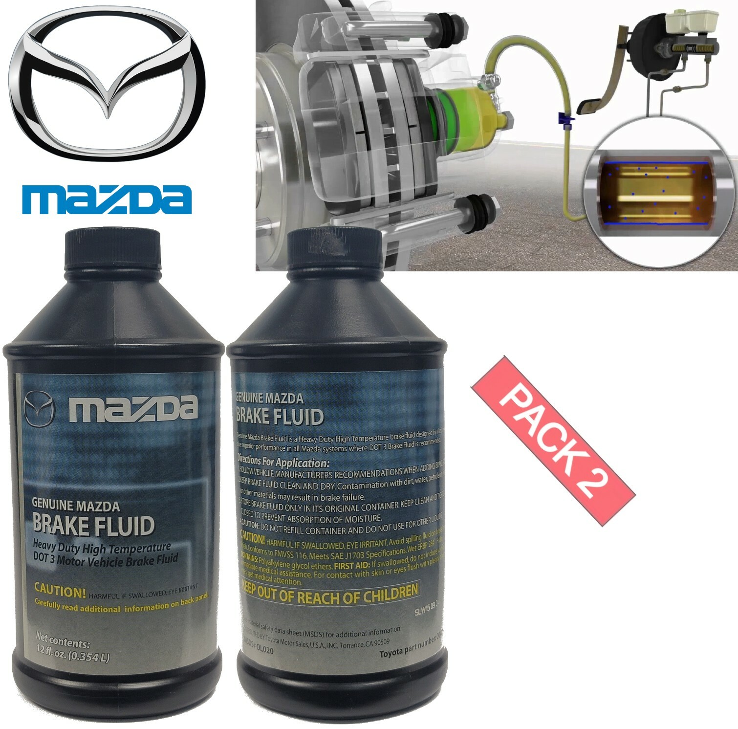2 Pack OEM Mazda Genuine Brake Fluid Dot-3 High Temperature 00475-10766 ...