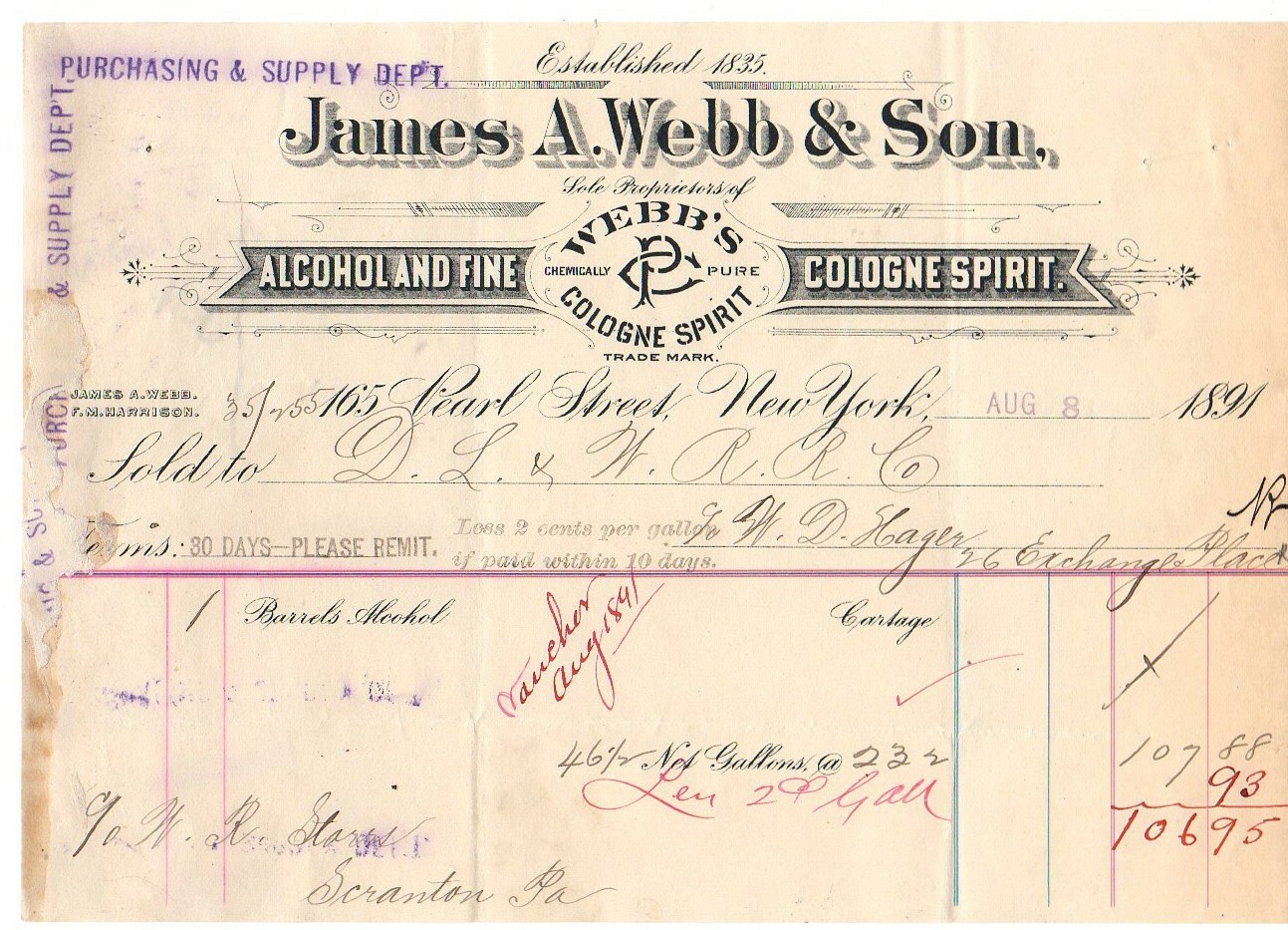 a1 1890's Billhead James A webb & Son Barrels Alcohol New York 405a | eBay