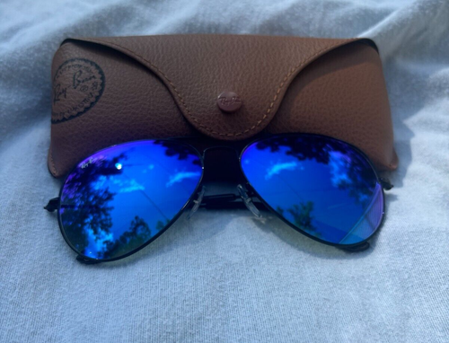 Ray Ban Aviator Sunglasses RB3025 58mm Black Frame Blue Lens | eBay