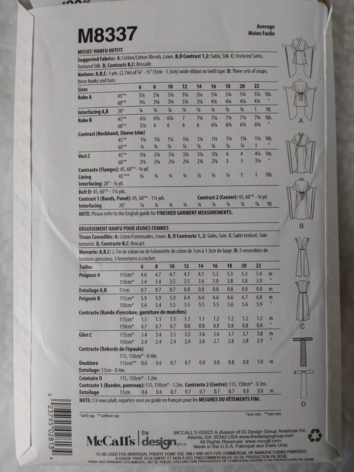 McCall's Pattern Chinese/Japanese Hanfu Oriental Outfit Costume Cosplay ...