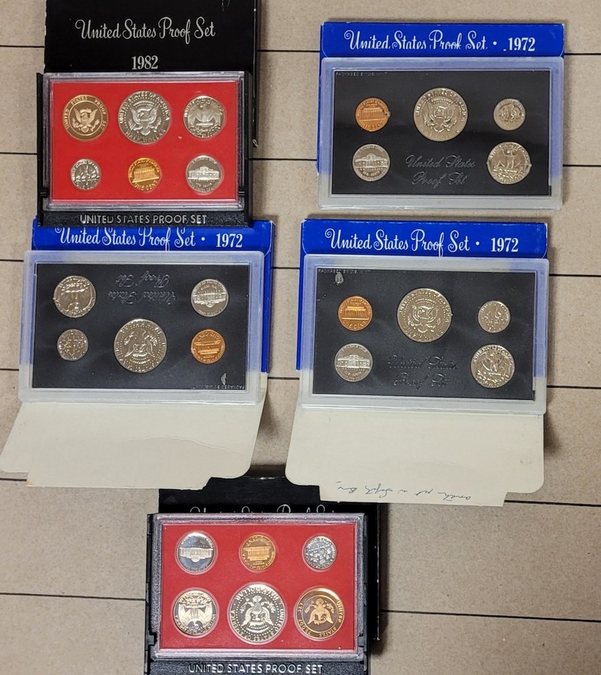 US Mint Proof Sets Lot Of 5 Total, 3 - 1972 5 Coins Sets, 2 - 1982 5 ...