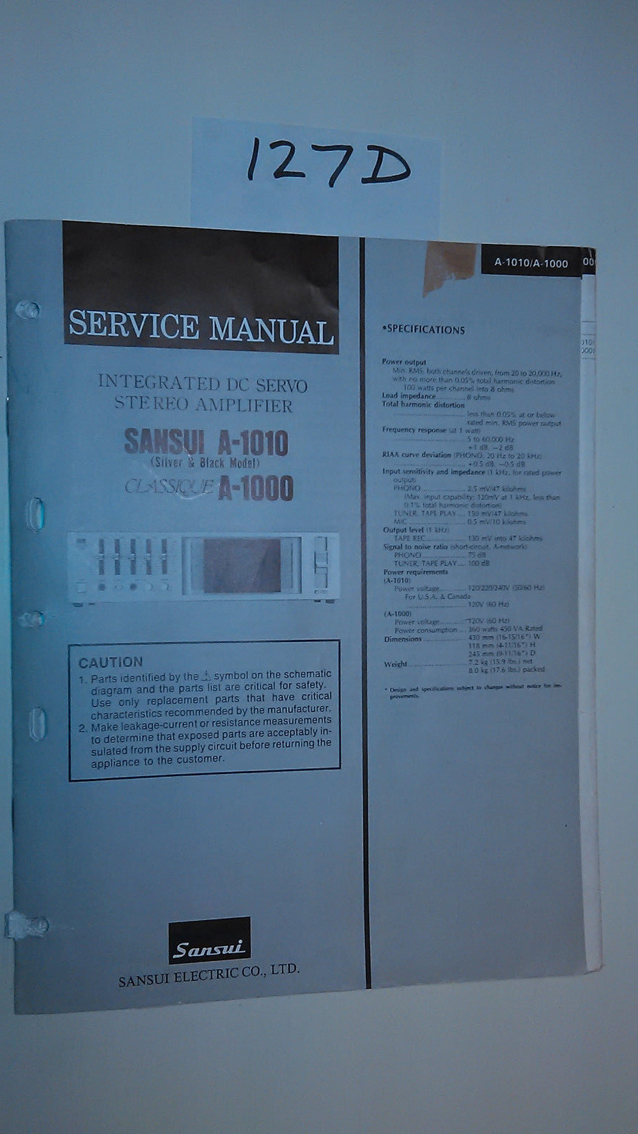Sansui a-1000 classique 1010 service manual original repair book stereo ...