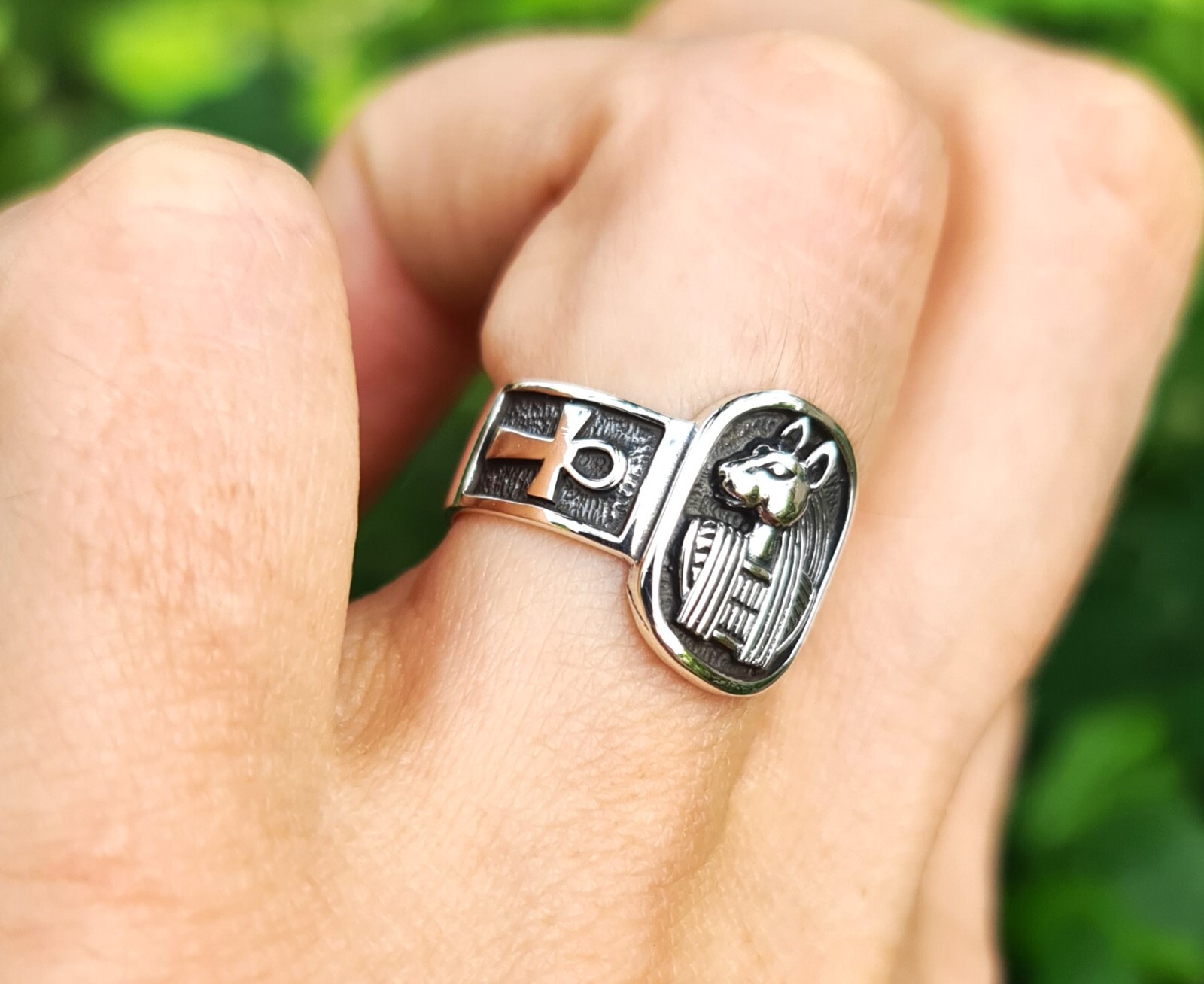 Bastet Goddess Ring 925 Sterling Silver God of Egypt Cat Egyptian Ankh ...
