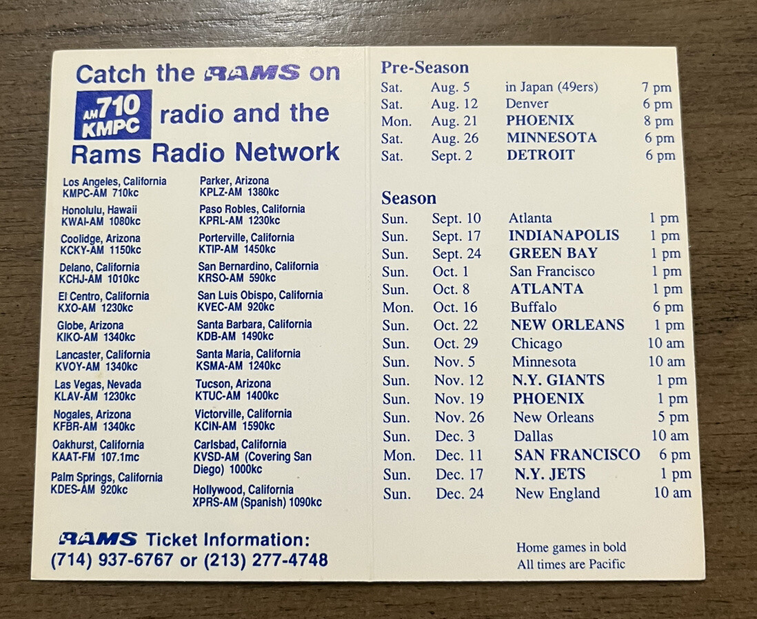Los Angeles Rams 1989 Pocket Schedule Card, Budweiser | eBay