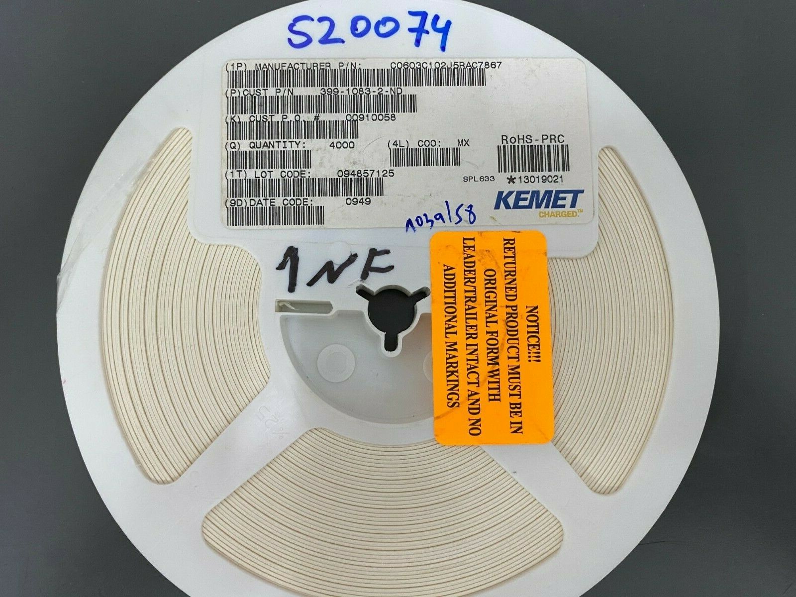 C0603C102J5RAC7867 - KEMET - 4000 pcs - Capacitor CER 1000PF 50V X7R ...