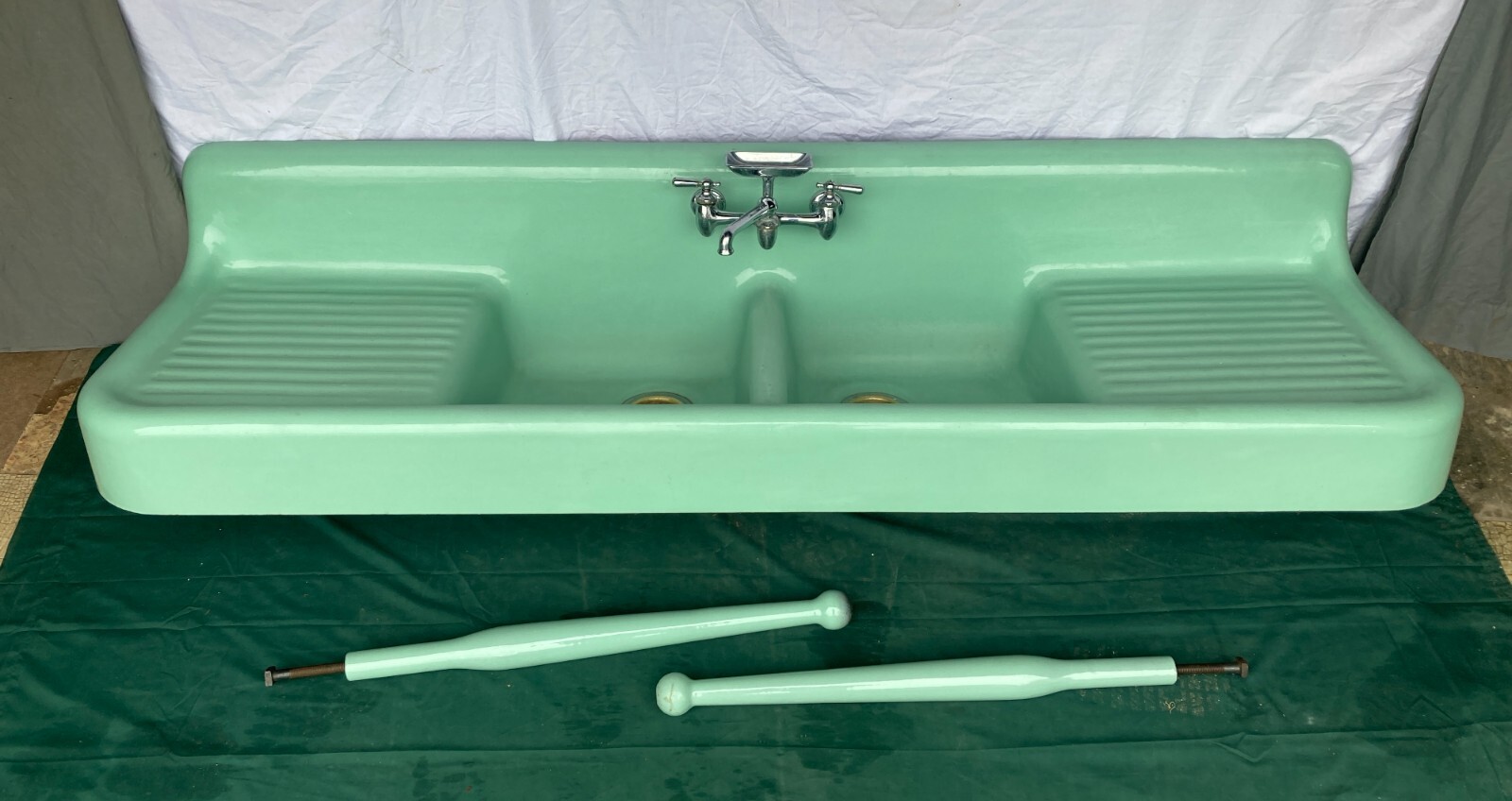 Antique 80" High Back Jadeite Ming Green Double Basin Kitchen Sink Legs ...
