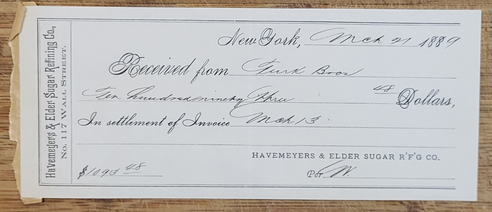 1889 Check Receipt New York City Havemeyers & Elder Sugar Refining ...