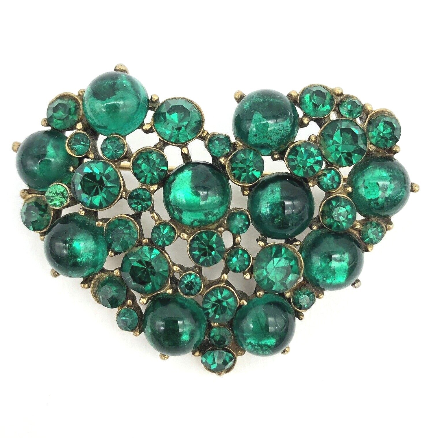 Green Rhinestone Heart Brooch Pendant Vintage - Gem