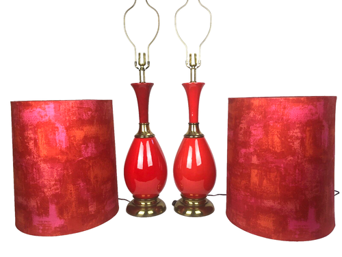 Bright Red Pair of Mid Century Phil-Mar Table Lamps with original ...