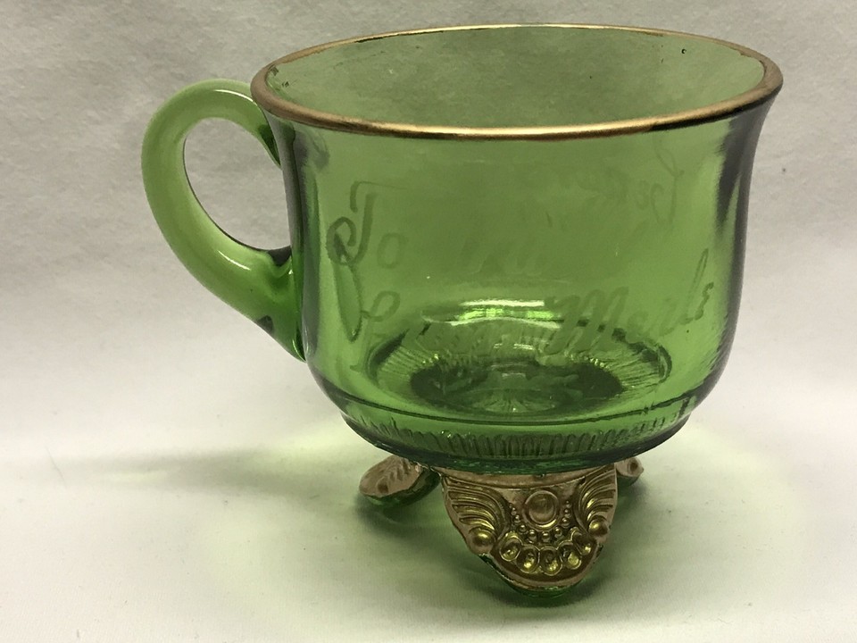 1908 Green Glass 3 Footed Cup “Mother” Cedar Point Amusement Park ...