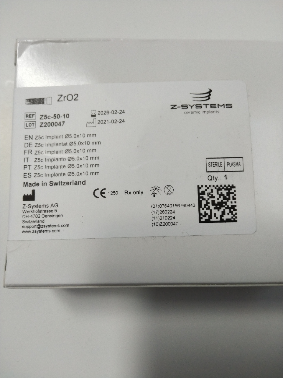 Z-SYSTEM Z5 CERAMIC DENTAL IMPLANT, Z5c-50-10, EXP 02-24-2026 | eBay