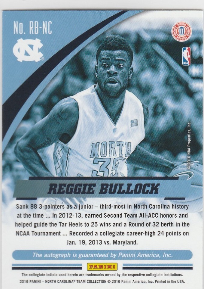 REGGIE BULLOCK 2016 NORTH CAROLINA COLLEGIATE AUTOGRAPH SILVER SERIAL ...