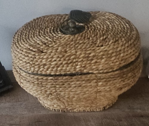 Hand Woven Coiled Rye Straw Rattan Wicker Basket with Iron Leaf and ...