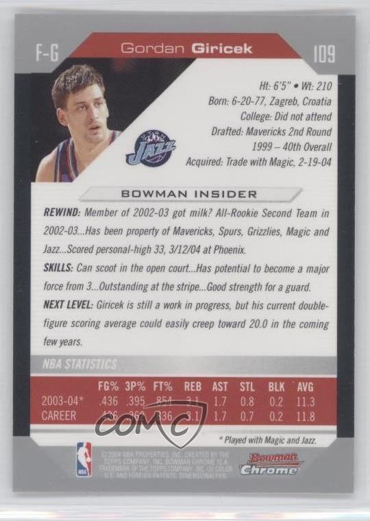 2004-05 Bowman Draft Chrome Gordan Giricek #109 0k4 | eBay