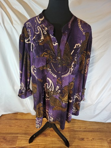 NWT Vera Rose Woman Plum Purple Paisley Roll Cuff Blouse Size 3X | eBay