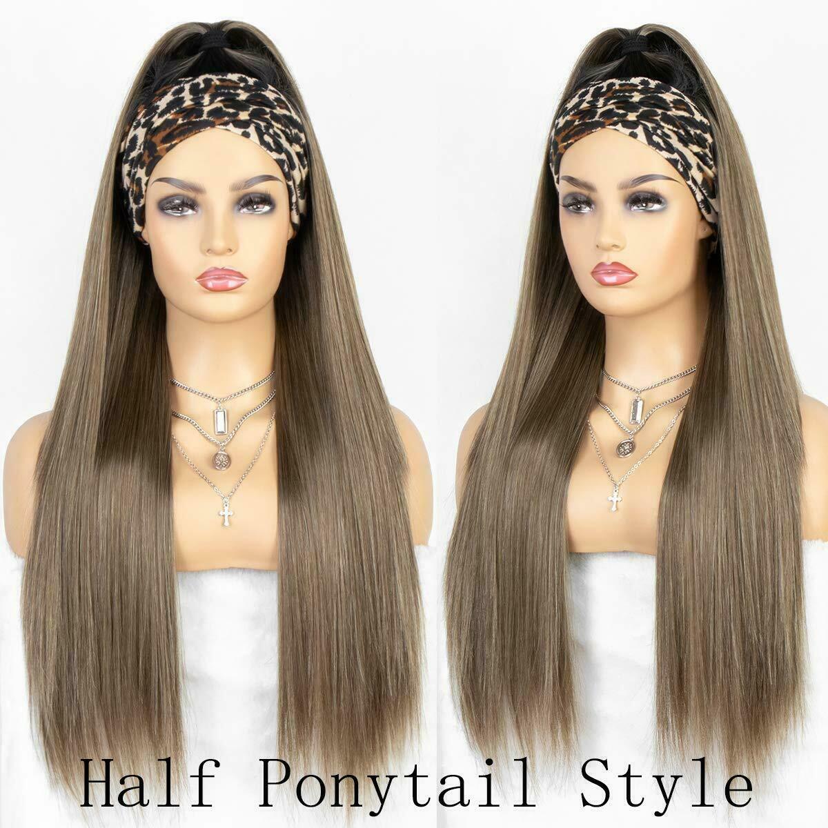 Long Honey Blonde Ash Brown Silky Straight Synthetic Hair Headband Wigs ...