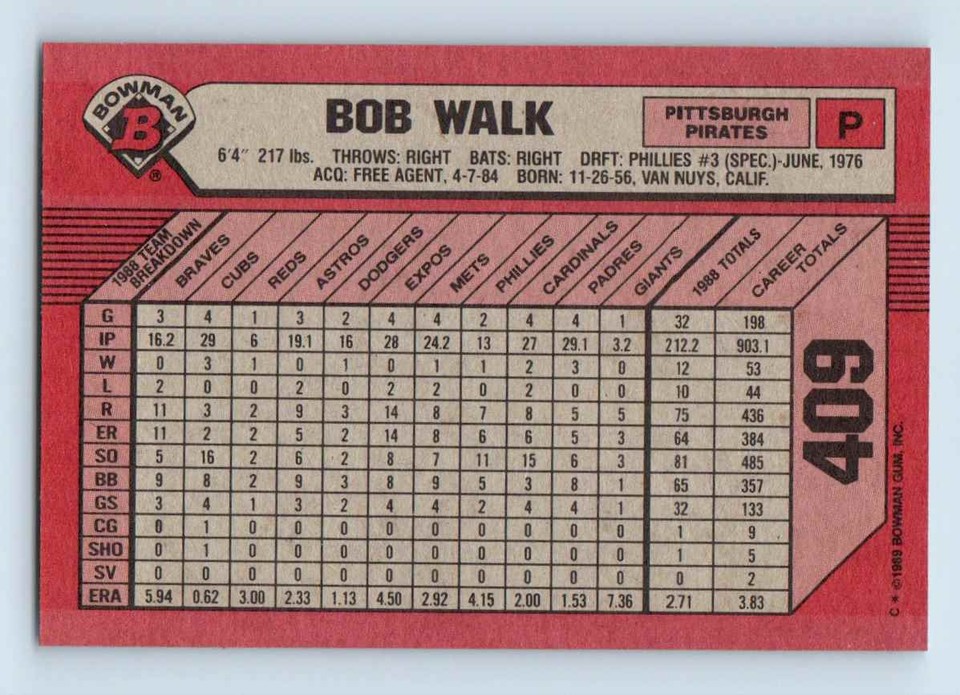 1989 Bowman Bob Walk Pittsburgh Pirates #409 | eBay