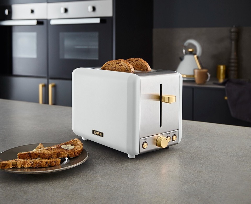 Tower Cavaletto White & Gold Kettle 2 Slice Toaster & Bread Bin Kitchen ...