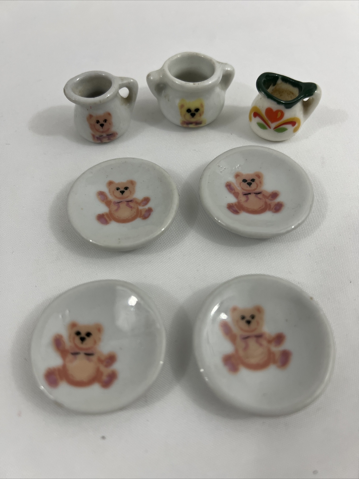 4 Mini Porcelain Teddy Bear Plates 1 Pitcher 1 Honey Pot 1 Heart ...