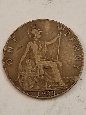 ANTIQUE 1908 Great Britain One Penny Bronze Coin King George V *AB03 ...
