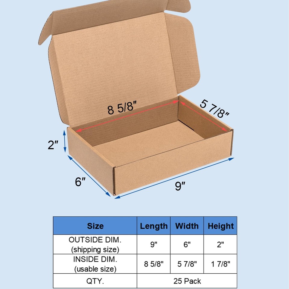 Shipping Boxes 9x6x2" 25 Pack - Brown Corrugated Cardboard Mailing Box ...