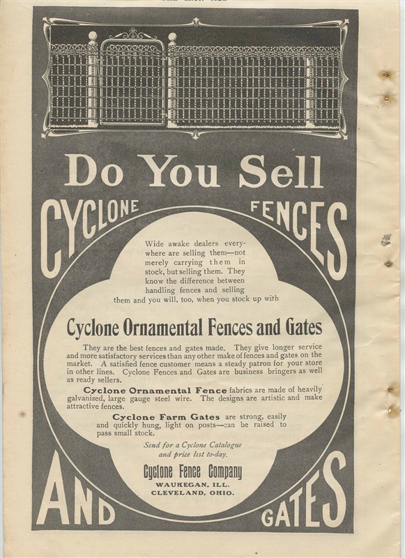 Cyclone Fences and Gates 1909 Magazine Ad Cyclone Fence Co Waukegan ...