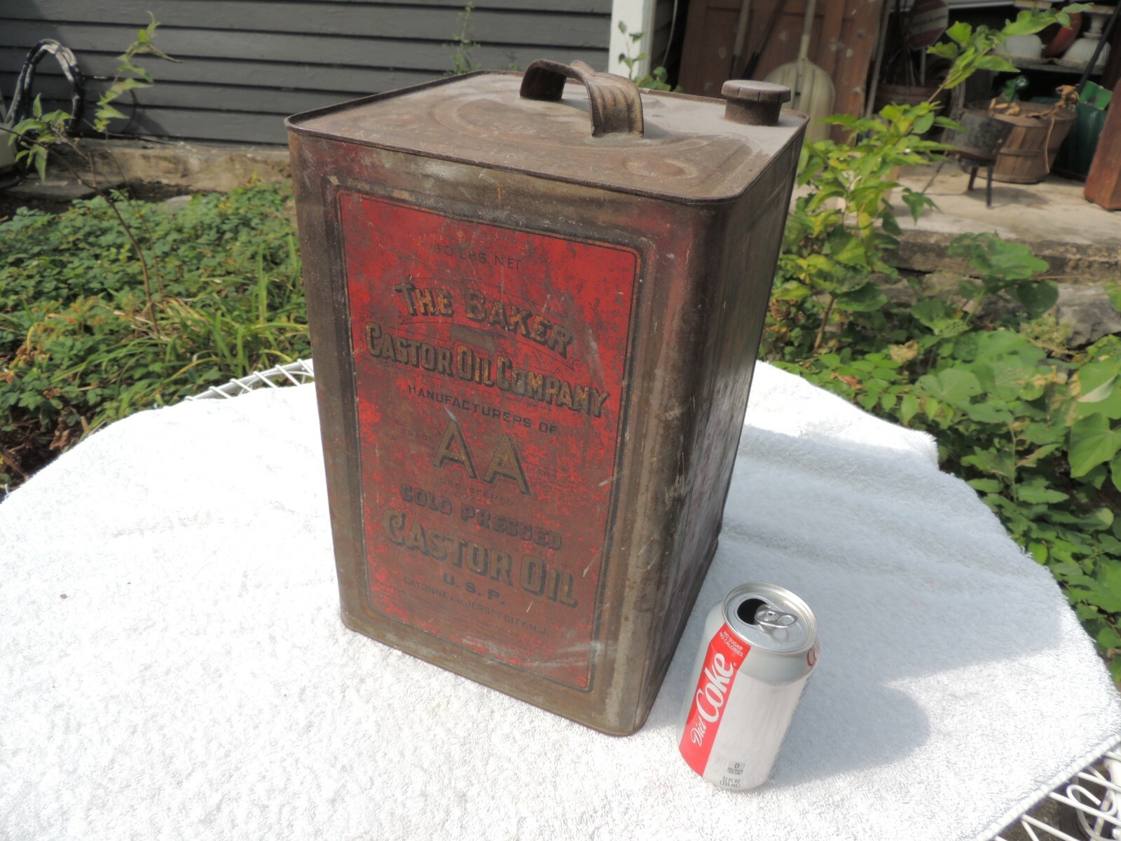 Vtg LARGE RARE 40 LBS NET AA THE BAKER CASTOR OIL CO TIN CONTAINER CAN ...