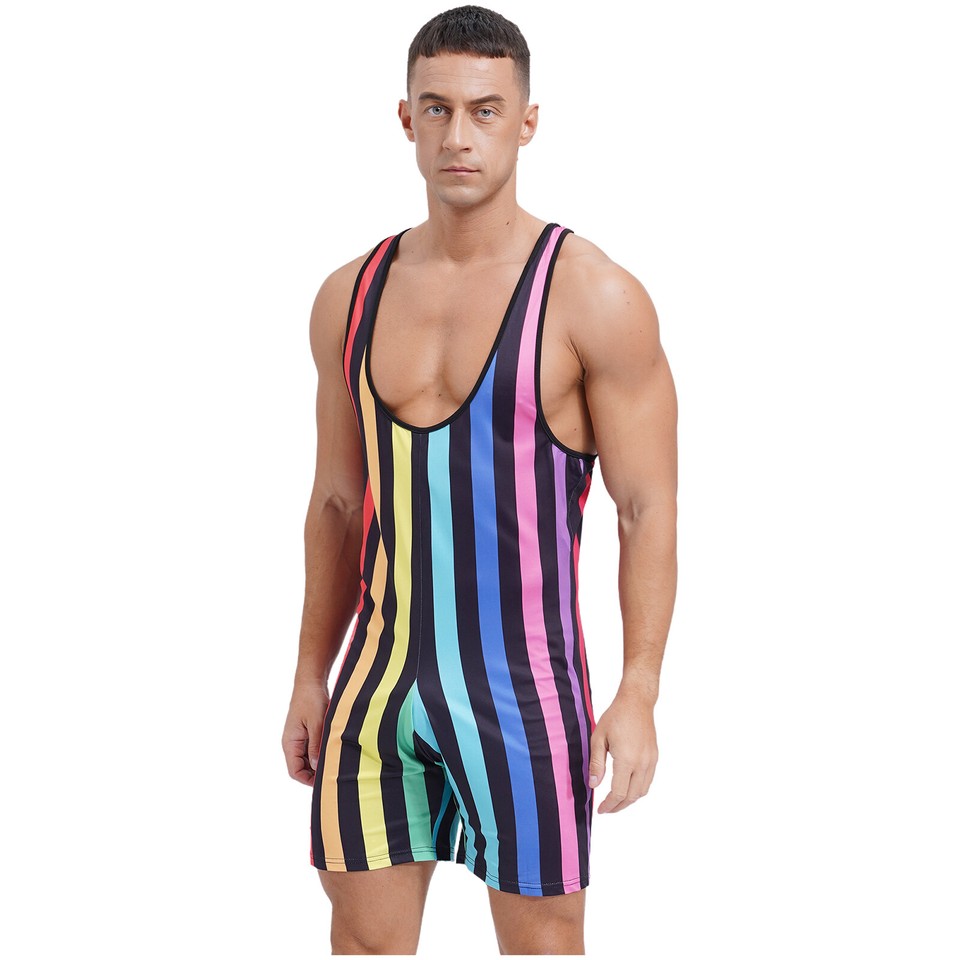 Mens Striped Wrestling Singlet Boxer Jumpsuit Bodybuilding Bodysuit ...