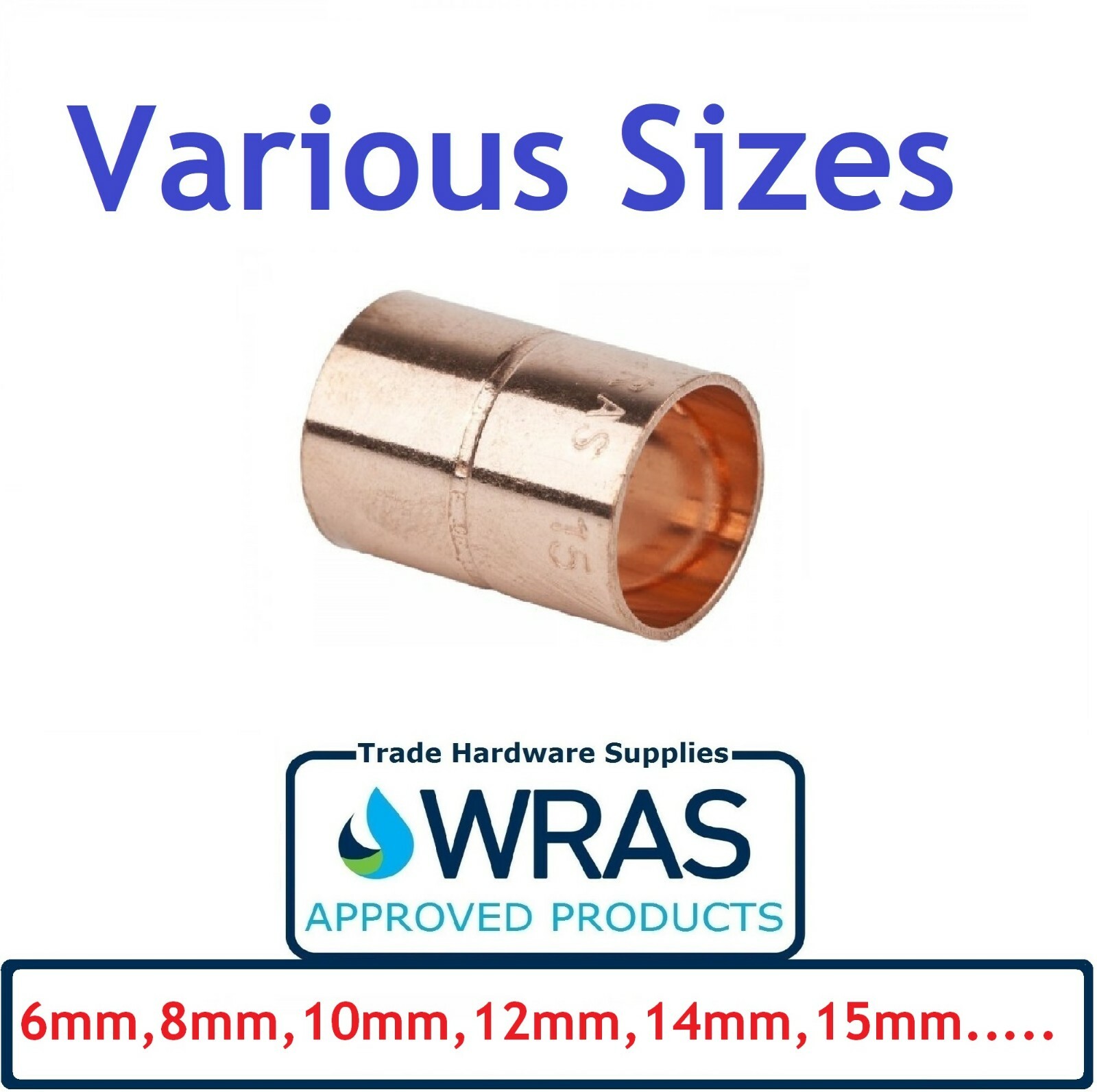 End Feed Copper Pipe Coupling Fitting 6mm, 8mm,10mm,12mm,14mm,15mm,22mm ...