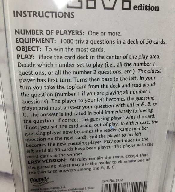 Fundex Trivia on The Go T.v. Edition 1000 Questions 50 Cards Deck 8 for ...