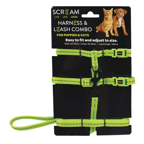 Scream Reflective Adjustable Harness & Leash Combo for Puppies & Cats ...