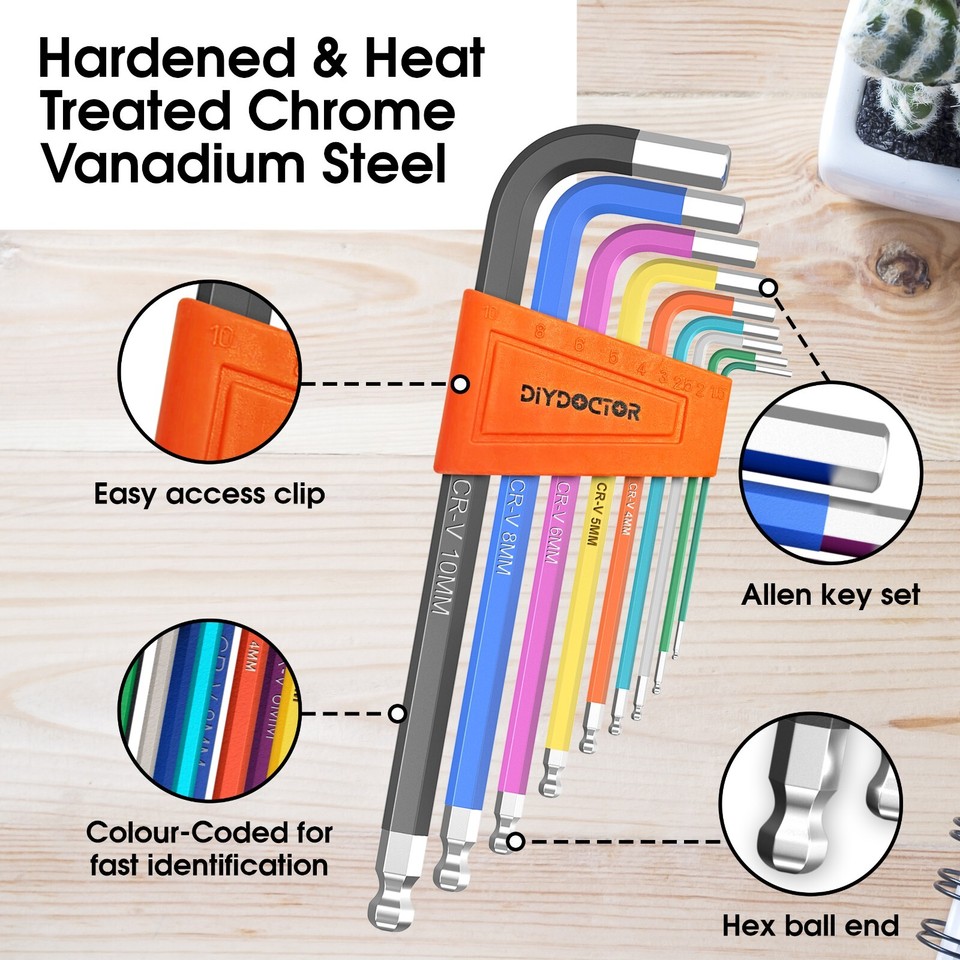 Allen Key Set Hex Metric 9pc Ball End Long Folding Colour Coded Design ...