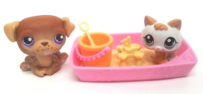Littlest Pet Shop LPS Pug Dog #133 + Kitten Cat #134 + Sandbox ...