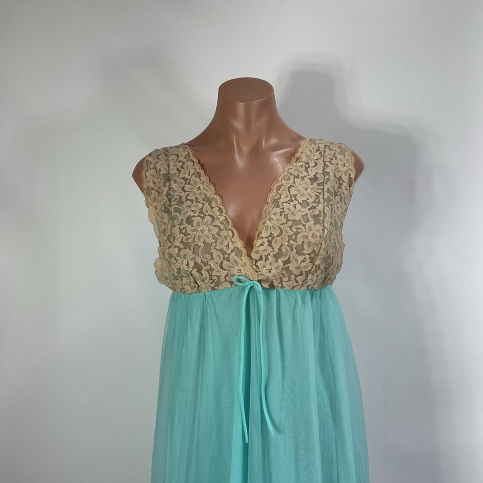 Vintage 60s Aqua DOUBLE Sheer Chiffon Nightgown Negligee Lace Deep V ...