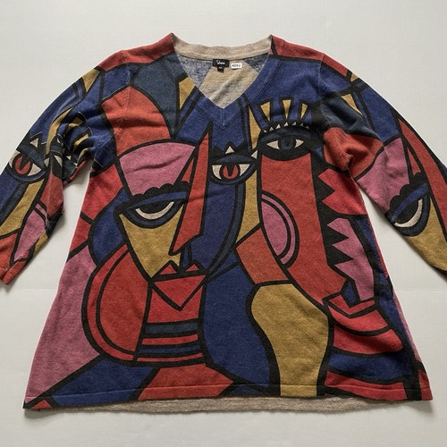 SHANA Sweater Womens S Red Blue Picasso Art V-Neck Wool Blend Relaxed ...