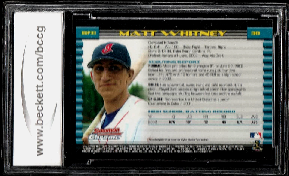 Matt Whitney (Indians) 2002 Bowman Draft Picks Chrome RC BDP33 (Beckett ...